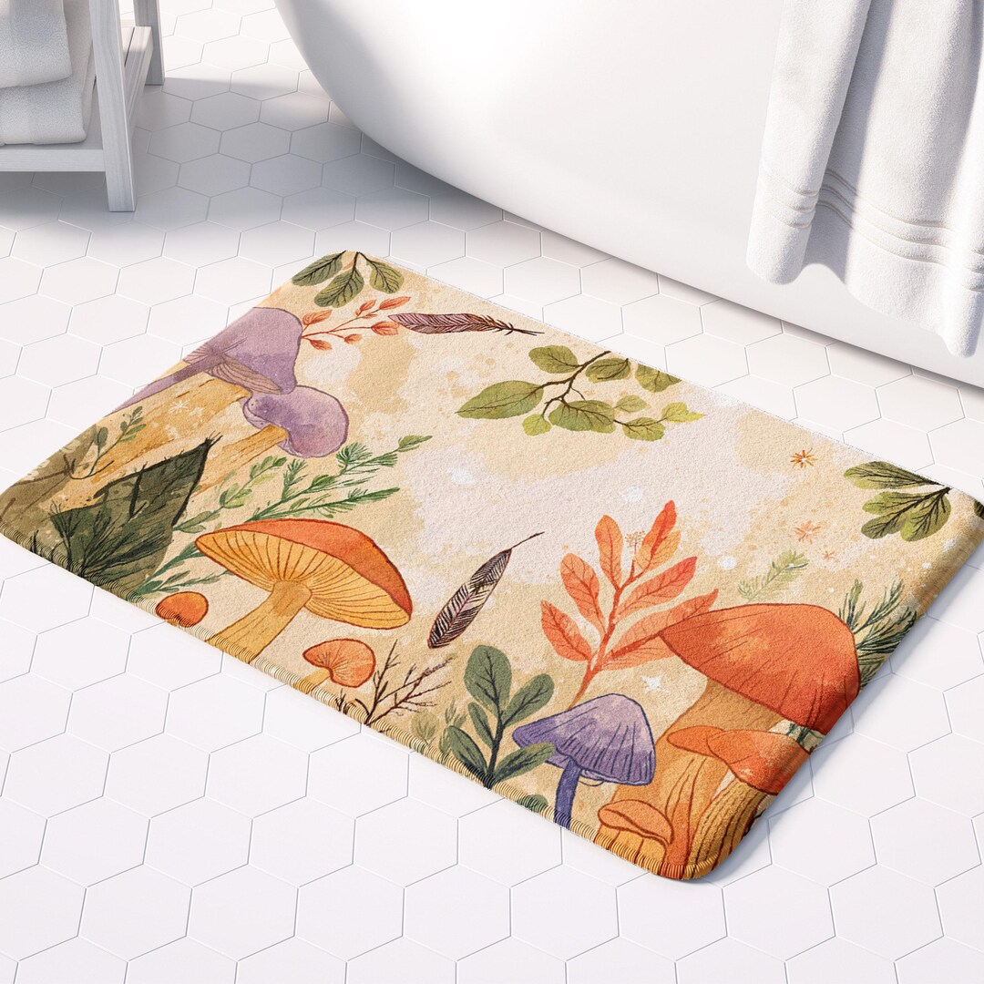Boho Mushroom Bath Mat, Forest Floor Design (orange & Purple, Soft Foam ...
