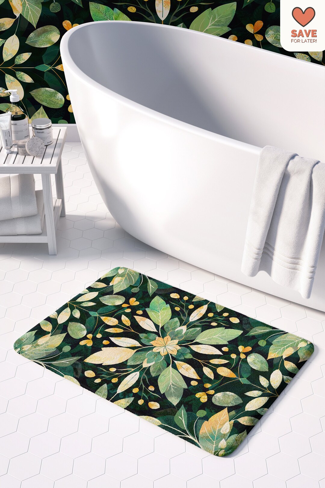 Floral Bath Mat - Artistic Leaf Pattern for Modern Home Decor, Nature ...