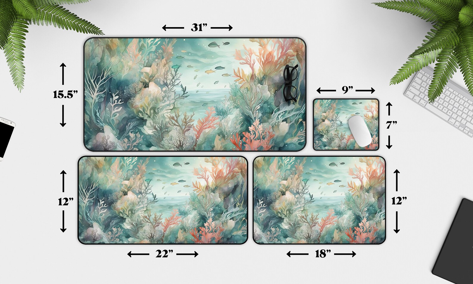 Cottagecore Desk Mat: Underwater Watercolor Coral Reef Design - Etsy