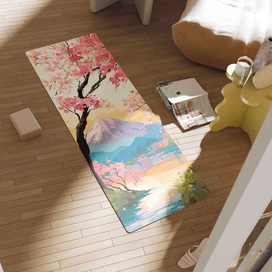 Yoga Mat: Cherry Blossom and Mount Fuji - Soft Foam or Suede - Etsy