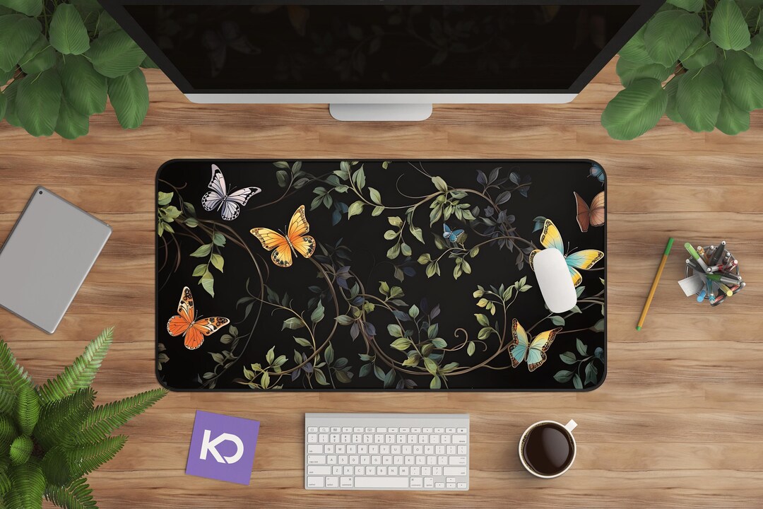 Desk Mat: Colorful Butterflies on Dark Floral - Large Non-slip Surface ...