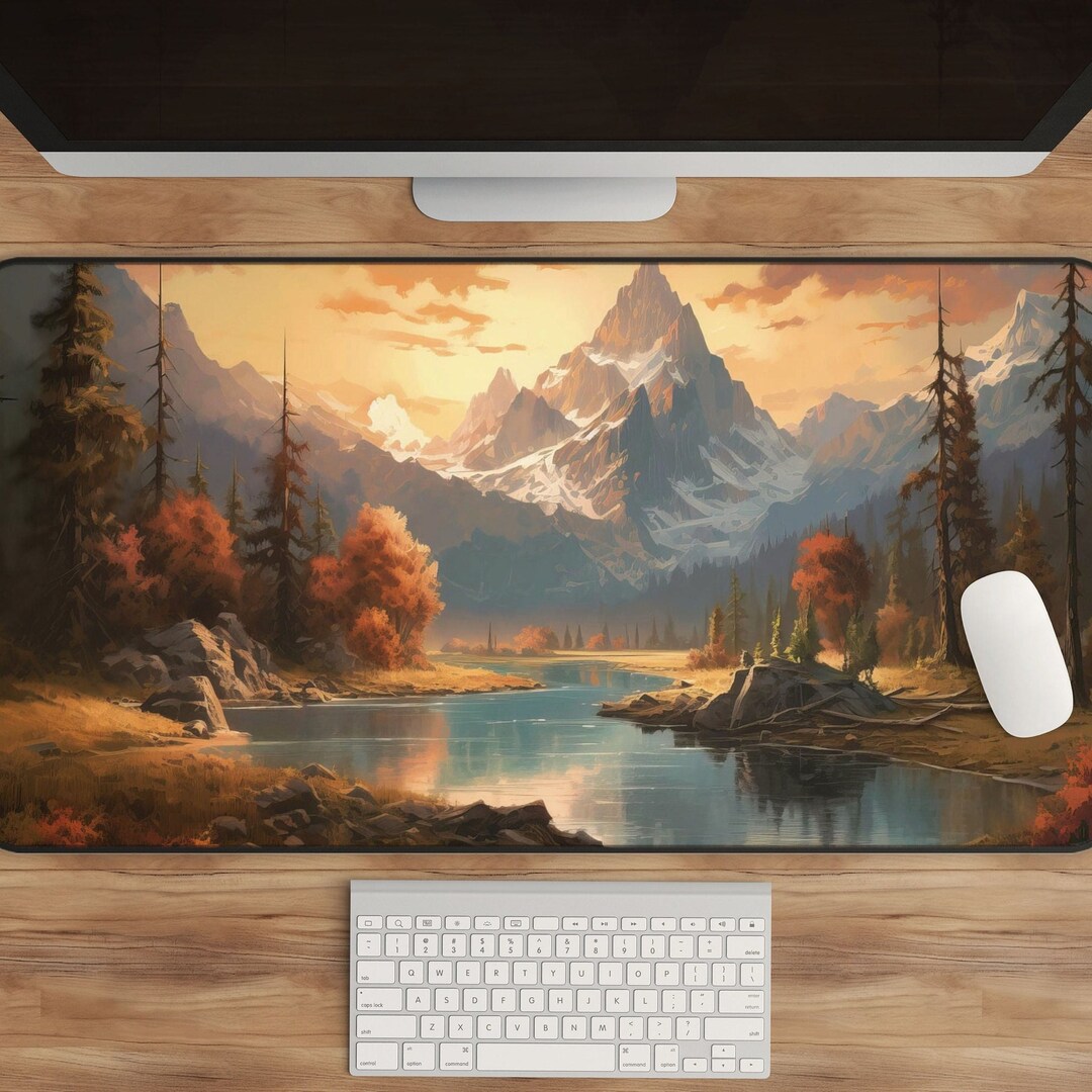 Mountain & Lake Desk Mat | Sunset Scenery Mousepad | Tranquil Workspace ...