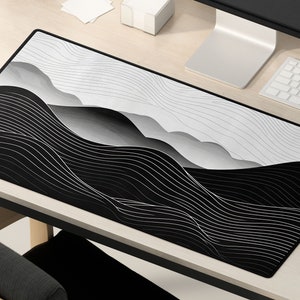 Black & White Abstract Mountain Desk Mat | Unique Wavy Lines Design ...