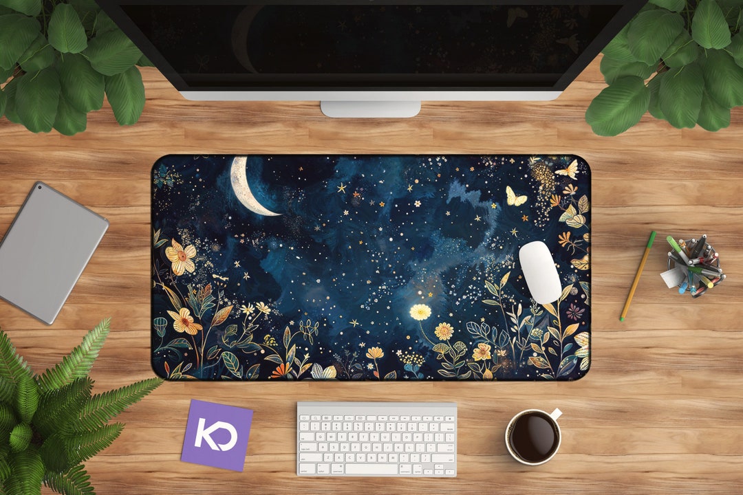 Celestial Desk Mat, Floral Design With Moon and Stars for Office Decor ...