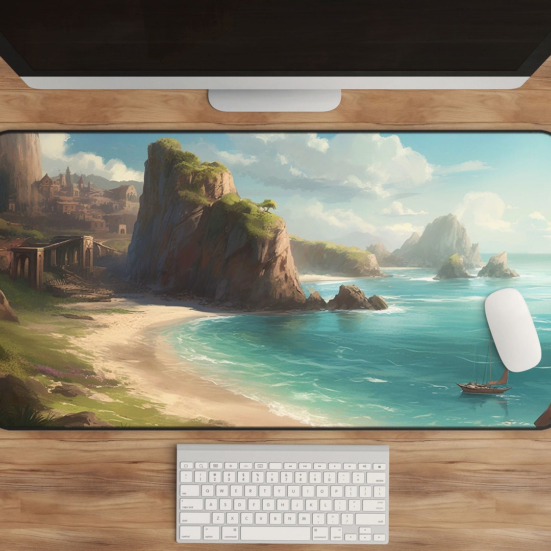 Desert & Ocean Landscape Desk Mat, Beach Scene, Havencore Art, Tranquil ...