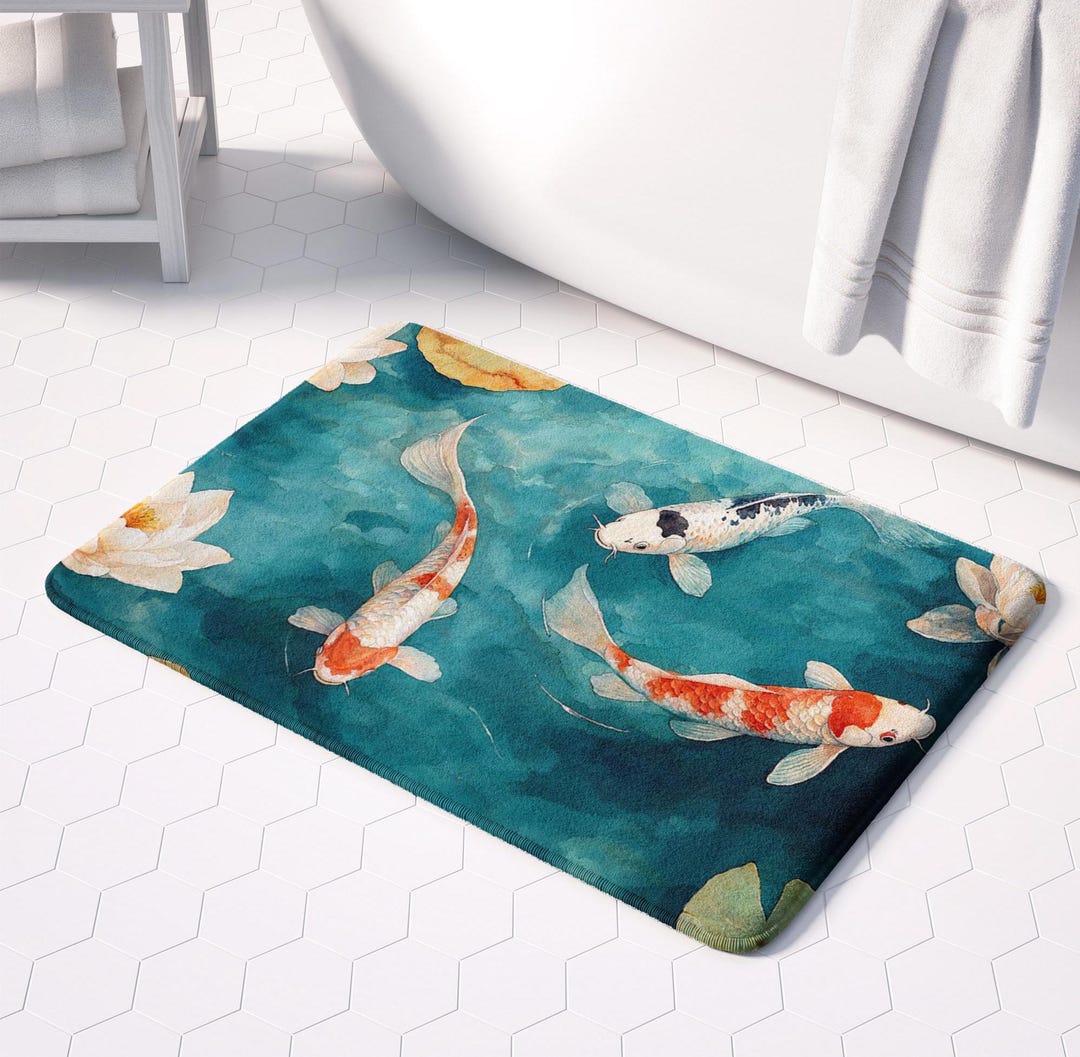 Koi Fish Bath Mat, Unique Bathroom Decor Rug, Soft Absorbent Floor Mat ...