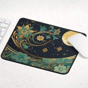 Celestial Desk Mat - Gold Floral Moon Design - Boho Galaxy Desk ...