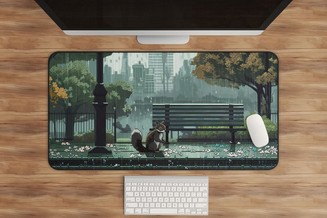 Rainy NYC Squirrel Desk Mat, Romantic Cityscape Pixel Art Mousepad, 2D ...
