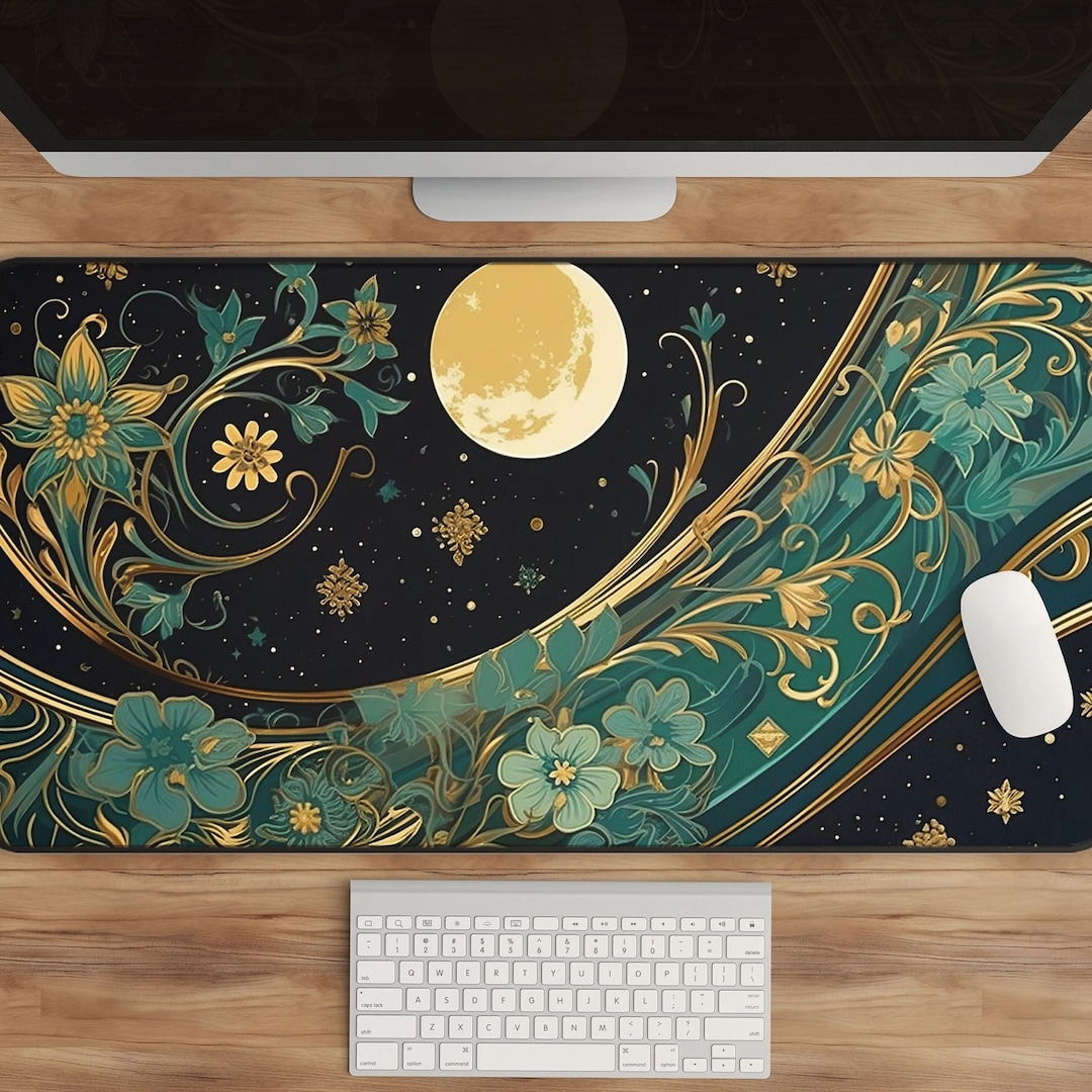 Celestial Desk Mat - Gold Floral Moon Design - Boho Galaxy Desk ...