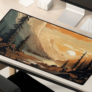 Majestic Mountain Sunset Desk Mat - Serene Nature Landscape, Calming ...