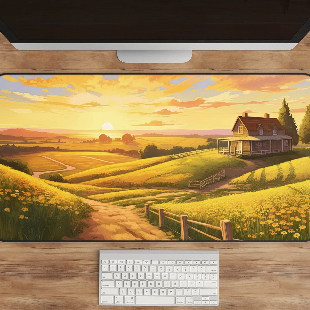 Cottagecore Desk Mat, Rustic Sunset Mousepad, Pastoral Fields Workspace ...