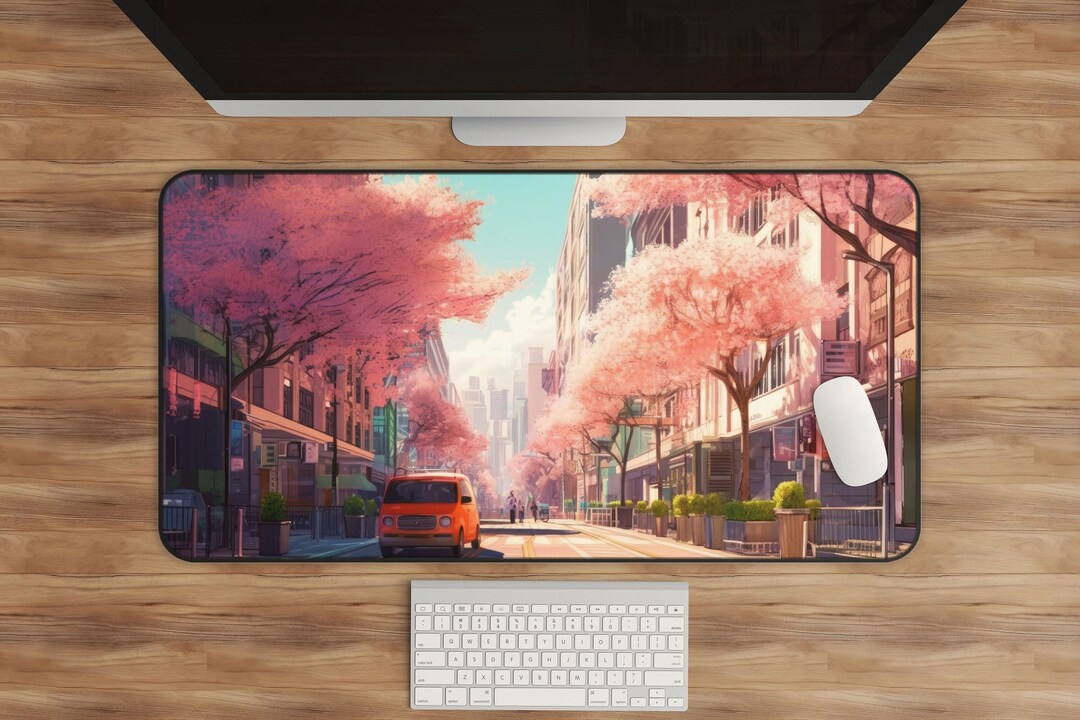 Anime Desk Mat, XL Mousepad, Kawaii Sakura Desk Pad, Tokyo City ...