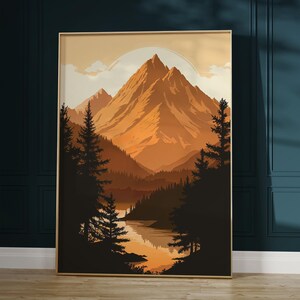 Mountain Poster With Sunset View, Rustic Landscape Print for Nature ...