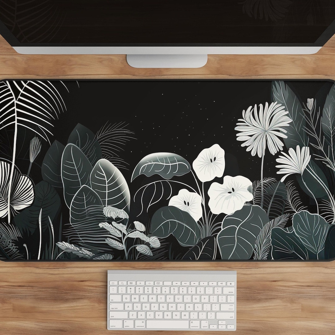 Botanical Desk Mat With Floral Design - Elegant Black & White Office ...