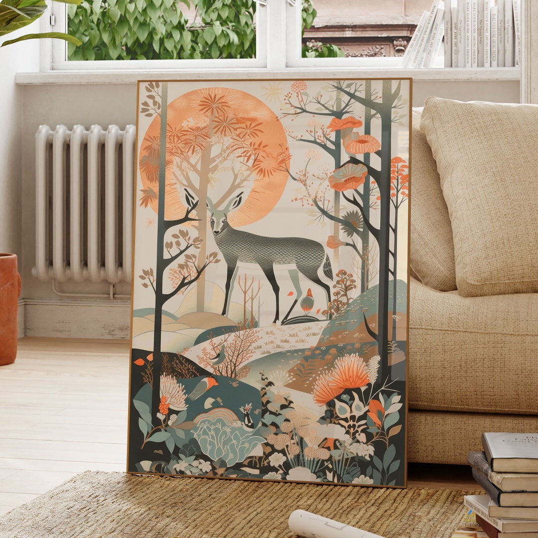 Japandi Art Deer Illustration - Hygge Decor, Zen Wall Art, Art Deco ...