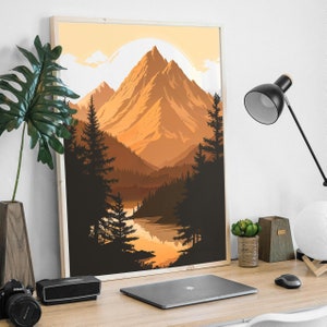 Mountain Poster With Sunset View, Rustic Landscape Print for Nature ...