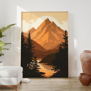 Mountain Poster With Sunset View, Rustic Landscape Print for Nature ...