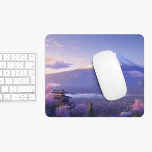 Japanese Inspired Desk Mat, Mount Fuji Mouse Pad, Pink & Violet Floral ...