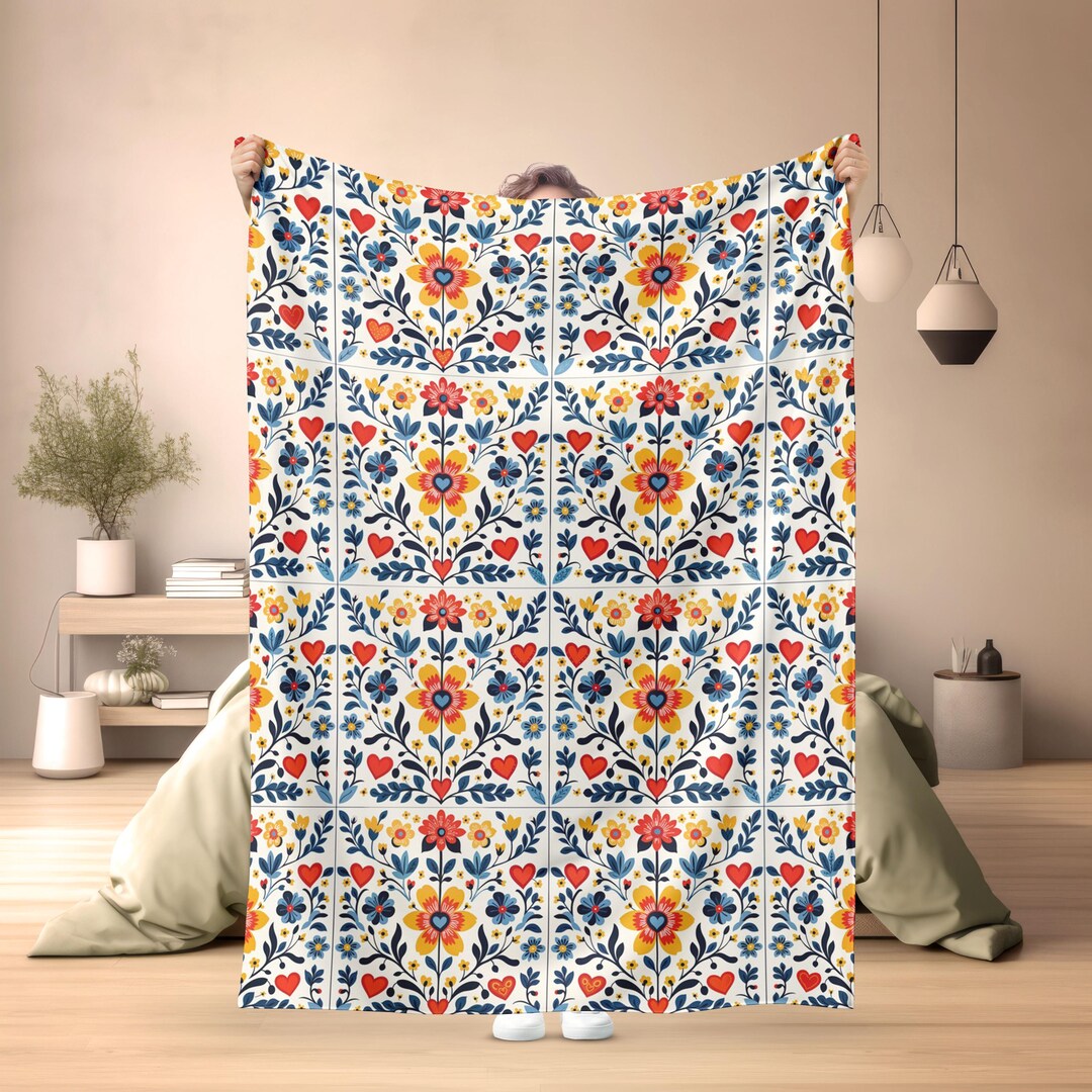Scandinavian Plush Blanket: Cozy Folk Art Floral Throw for Whimsical ...