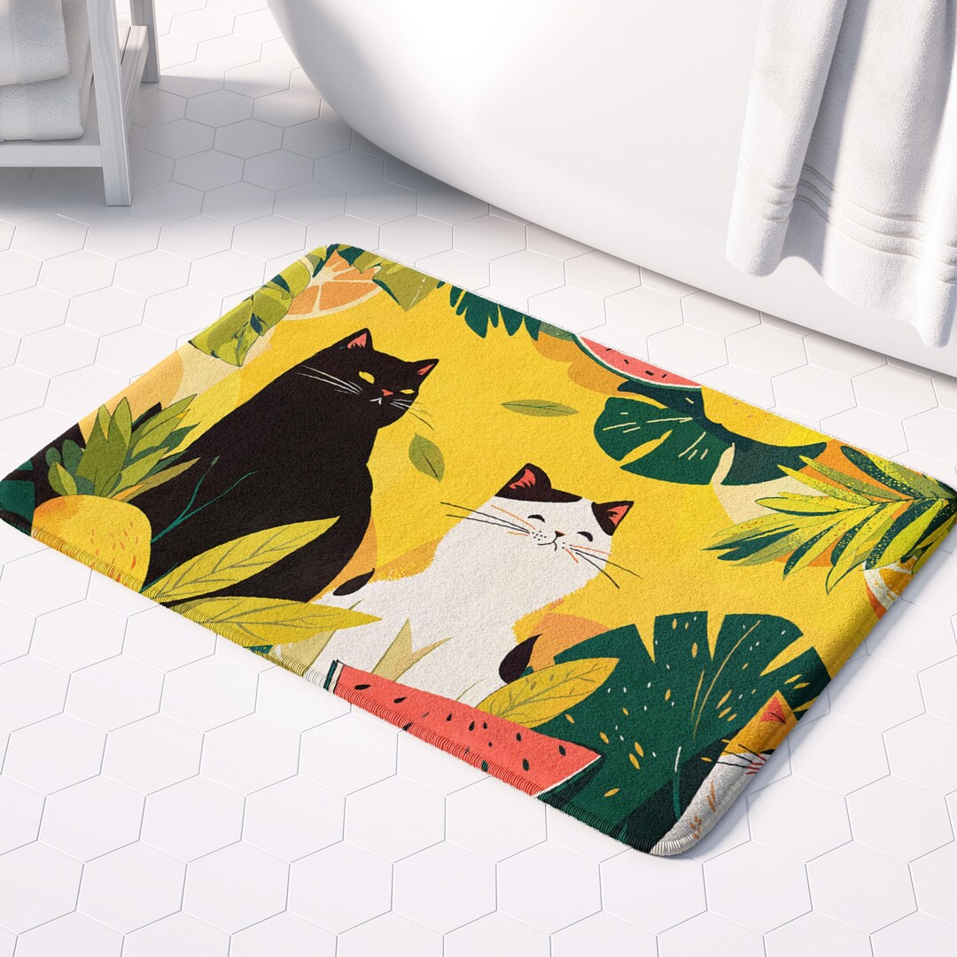 Tropical Cat Mat Bath Mat, Playful Kawaii Kitty Decor, Bright Yellow ...