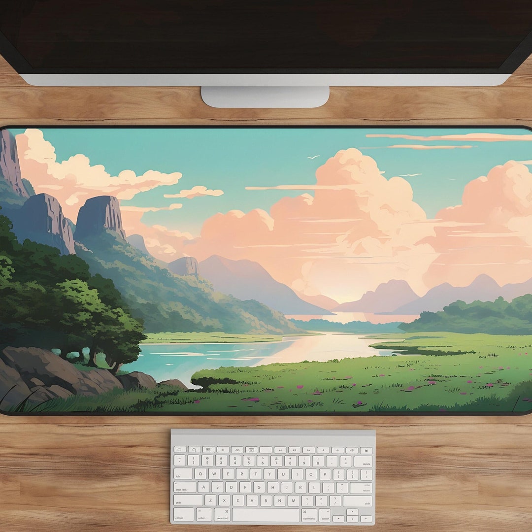 Anime Desk Mat: Tranquil Sunset Mountain Serene Forest Scene, Perfect ...