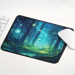 Mystical Forest Desk Mat, Nightcore Anime Art, Green Firefly Pad ...