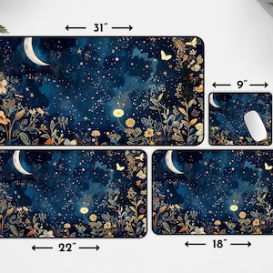 Celestial Desk Mat, Floral Design With Moon and Stars for Office Decor ...