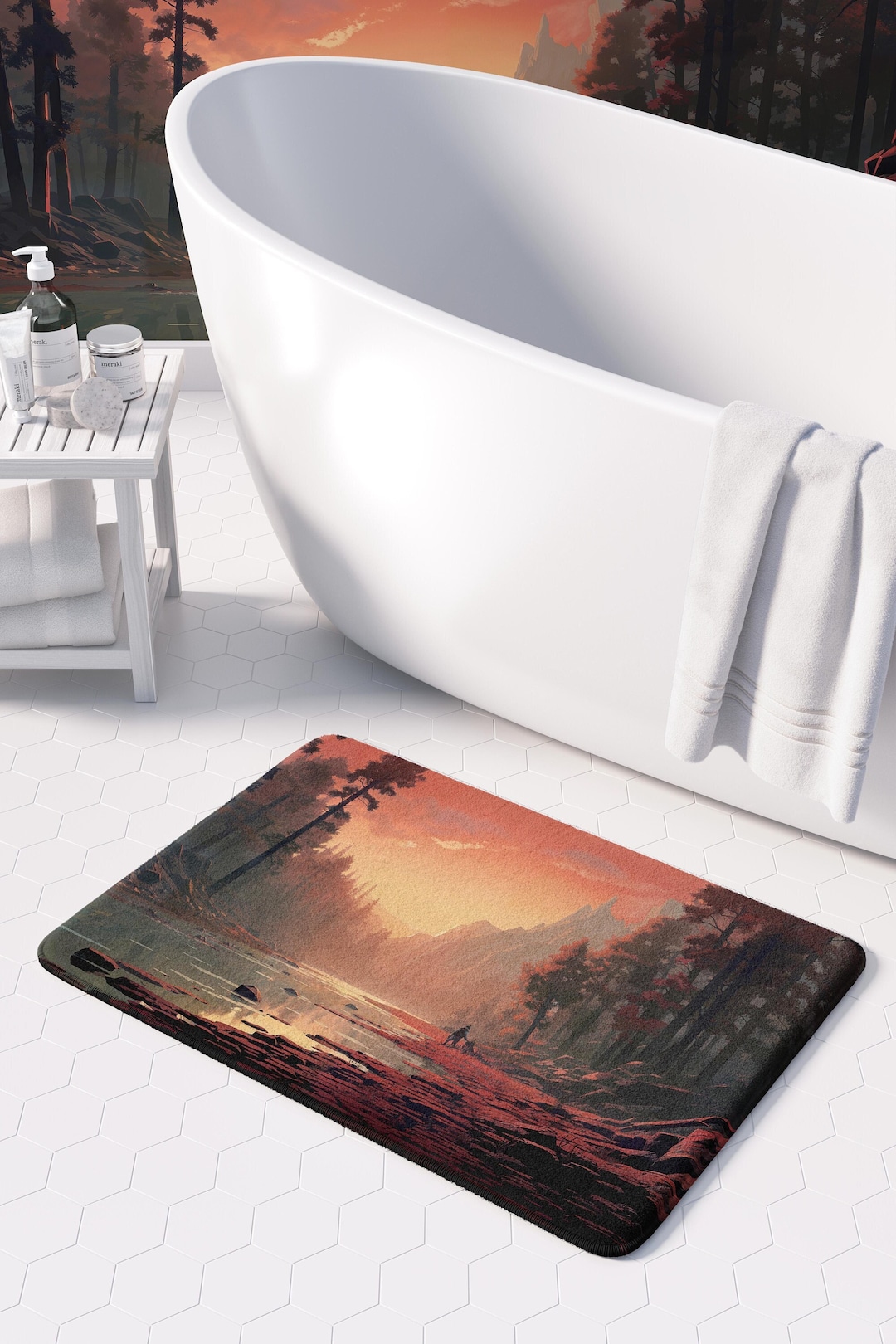 Nature Memory Foam Bath Mat, Plush Forest Mountain Scenery for Serene ...