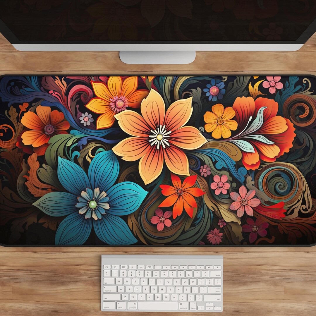Vibrant Floral Desk Mat, Abstract Colorful Flower Design, Large Desk ...