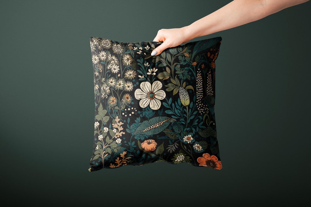 Dark Cottagecore Decor Pillow | Wildflower Cushion With Vintage Floral ...