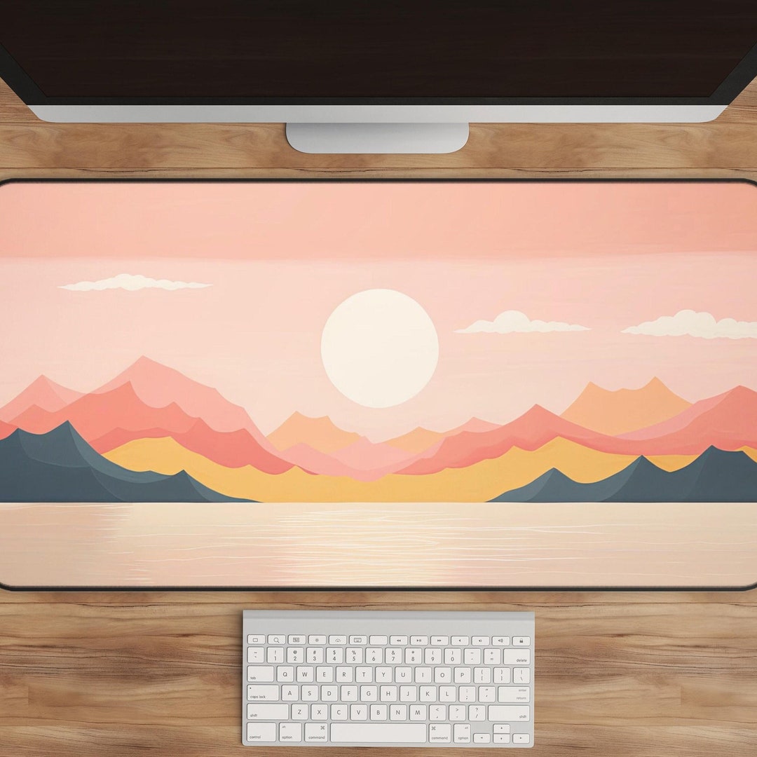 Boho Sunset Desk Mat | Aesthetic Pink Mountain Design | Cute Girly ...
