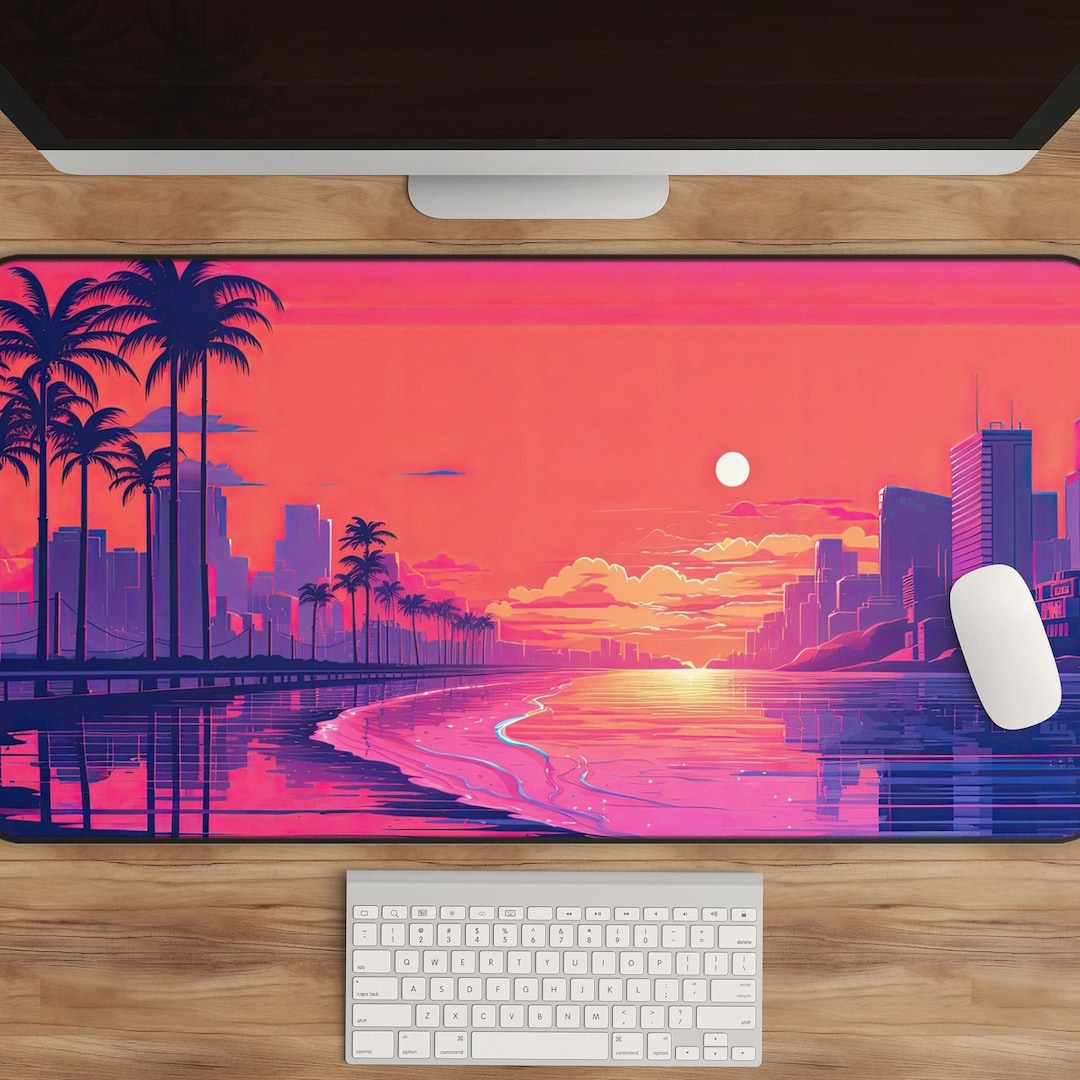 Synthwave Sunset Desk Mat: Retro Pixel Art and Vaporwave Aesthetics ...