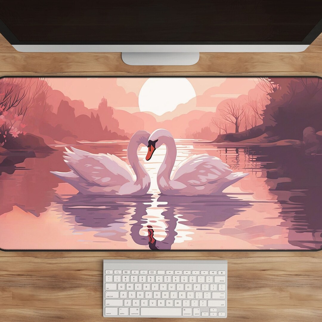 Romantic Swan Lake Desk Mat - Pink Sunset Reflections Large Mouse Pad ...