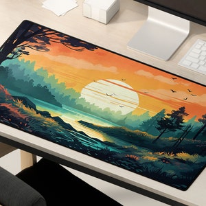 Nature Desk Mat - Sunset Forest Desk Mat With Birds and Lake ...