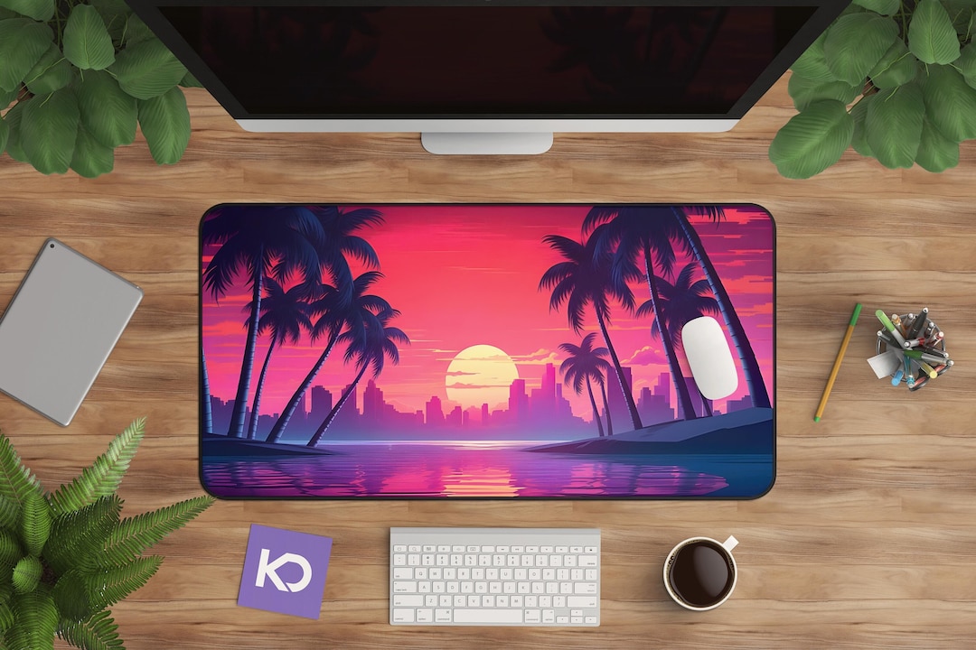 Synthwave Desk Mat, Vibrant Sunset Desk Mat With Palm Trees, Aesthetic ...
