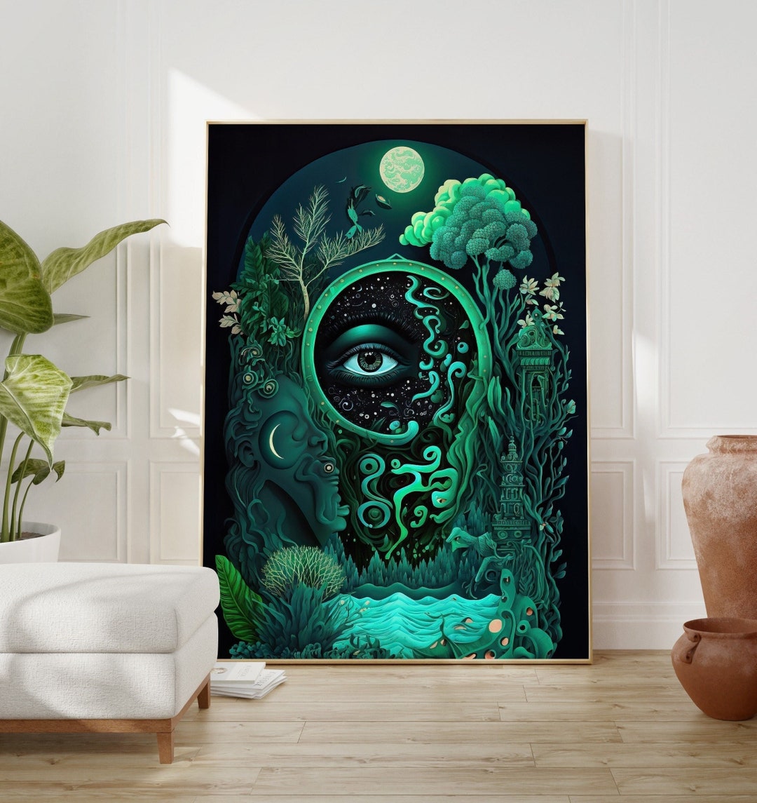 Emerald Green Maximalist Wall Art With Surreal Portal - Psychedelic and ...