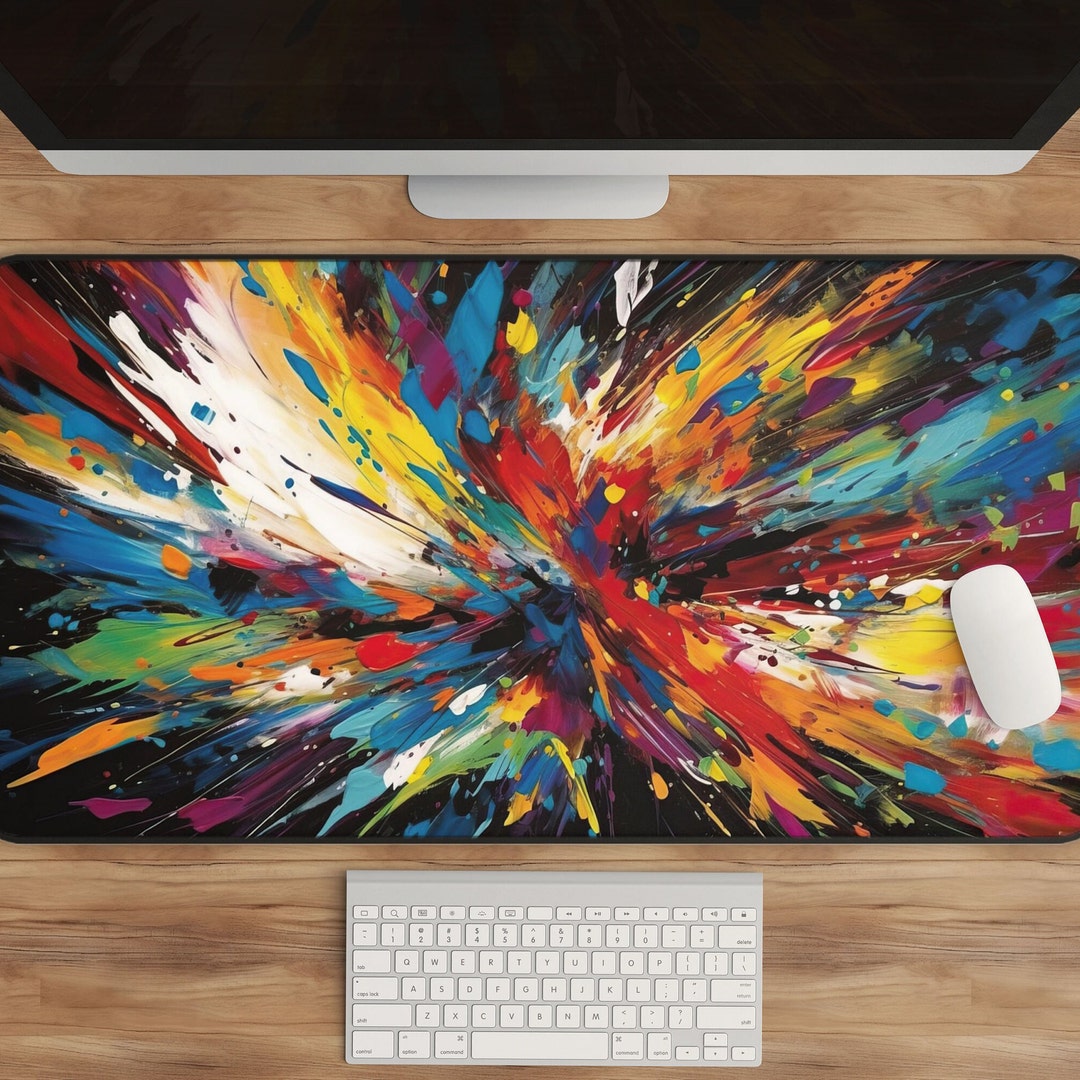 Abstract Art Desk Mat - Vibrant Color Burst, Bold Paint Splatter, Extra ...