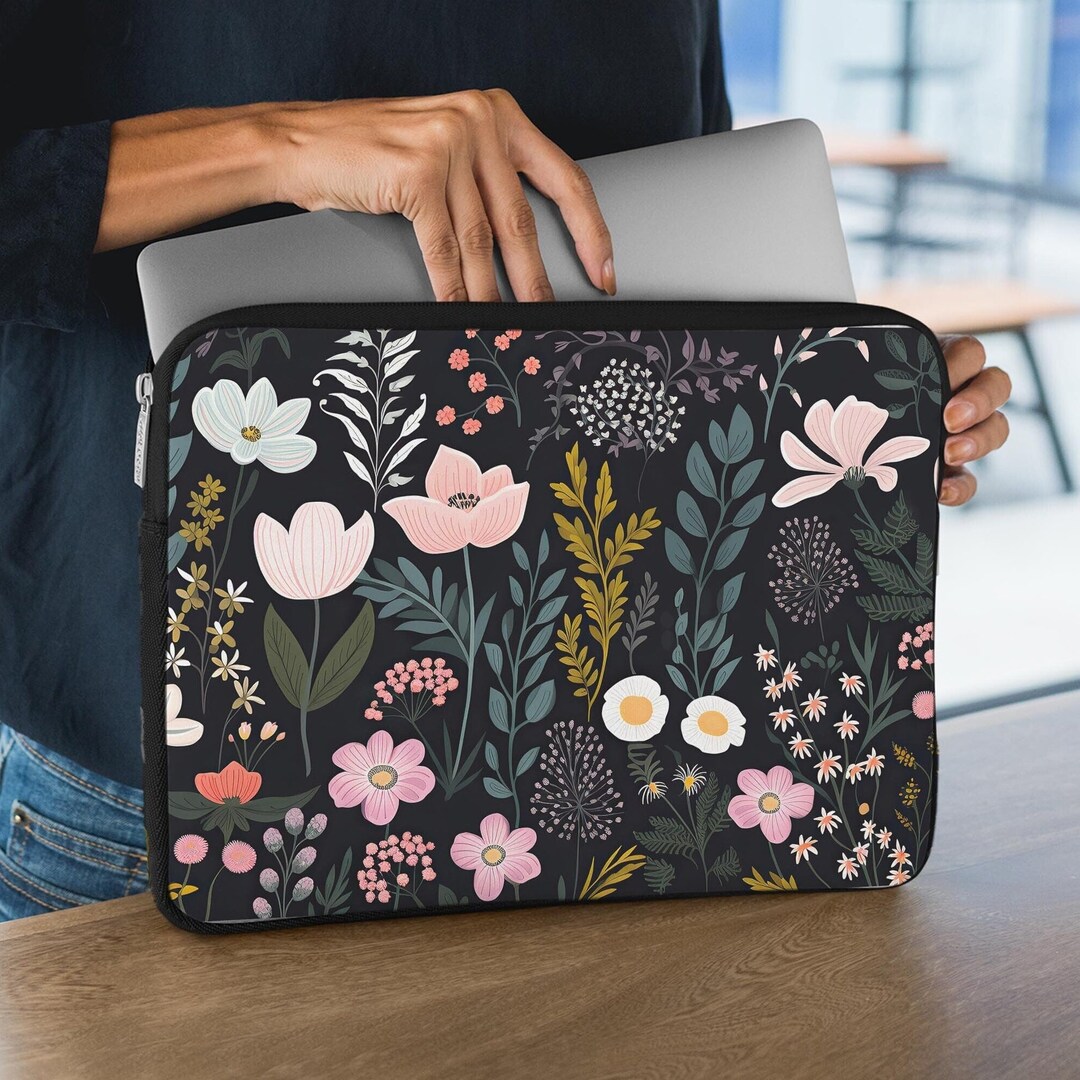 Floral Laptop Sleeve - Black & Pink Tablet Bag, Aesthetic Protective ...