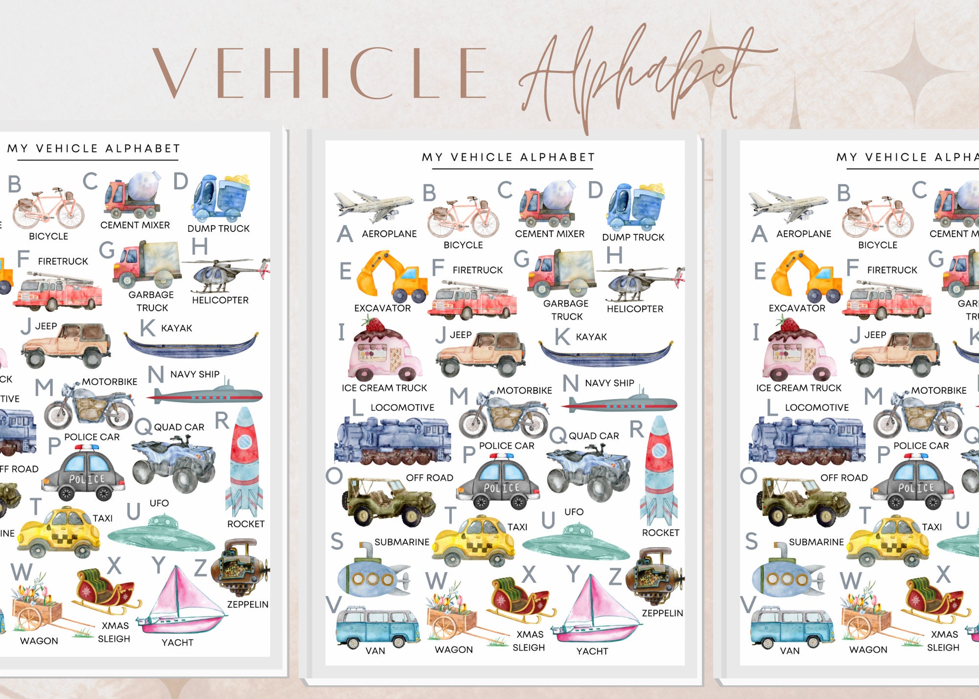 Vehicle Alphabet, Alphabet Poster, Educational, Montessori, A-Z ...
