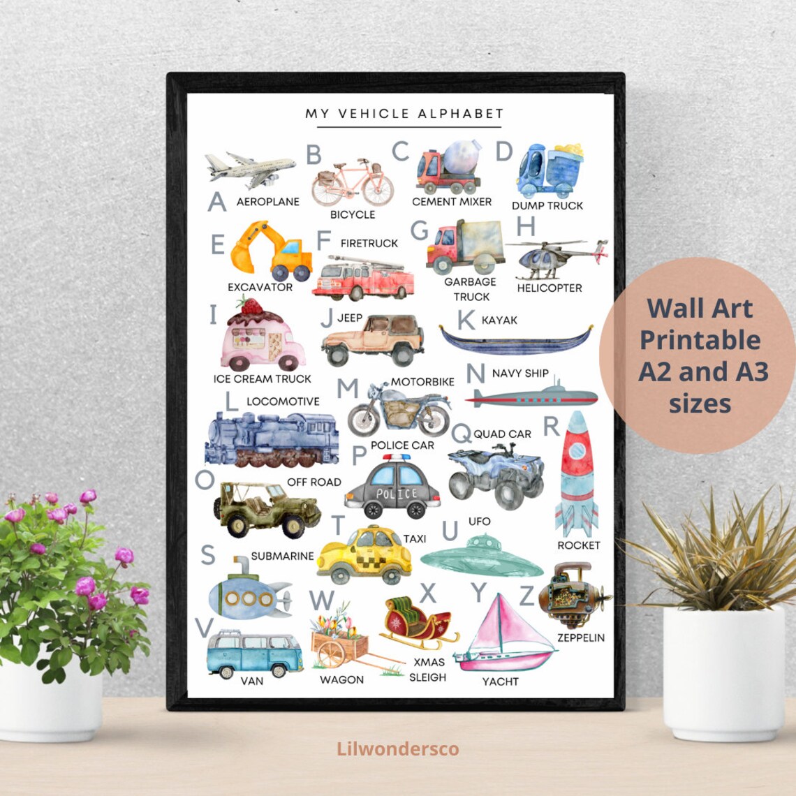 Vehicle Alphabet, Alphabet Poster, Educational, Montessori, A-Z ...