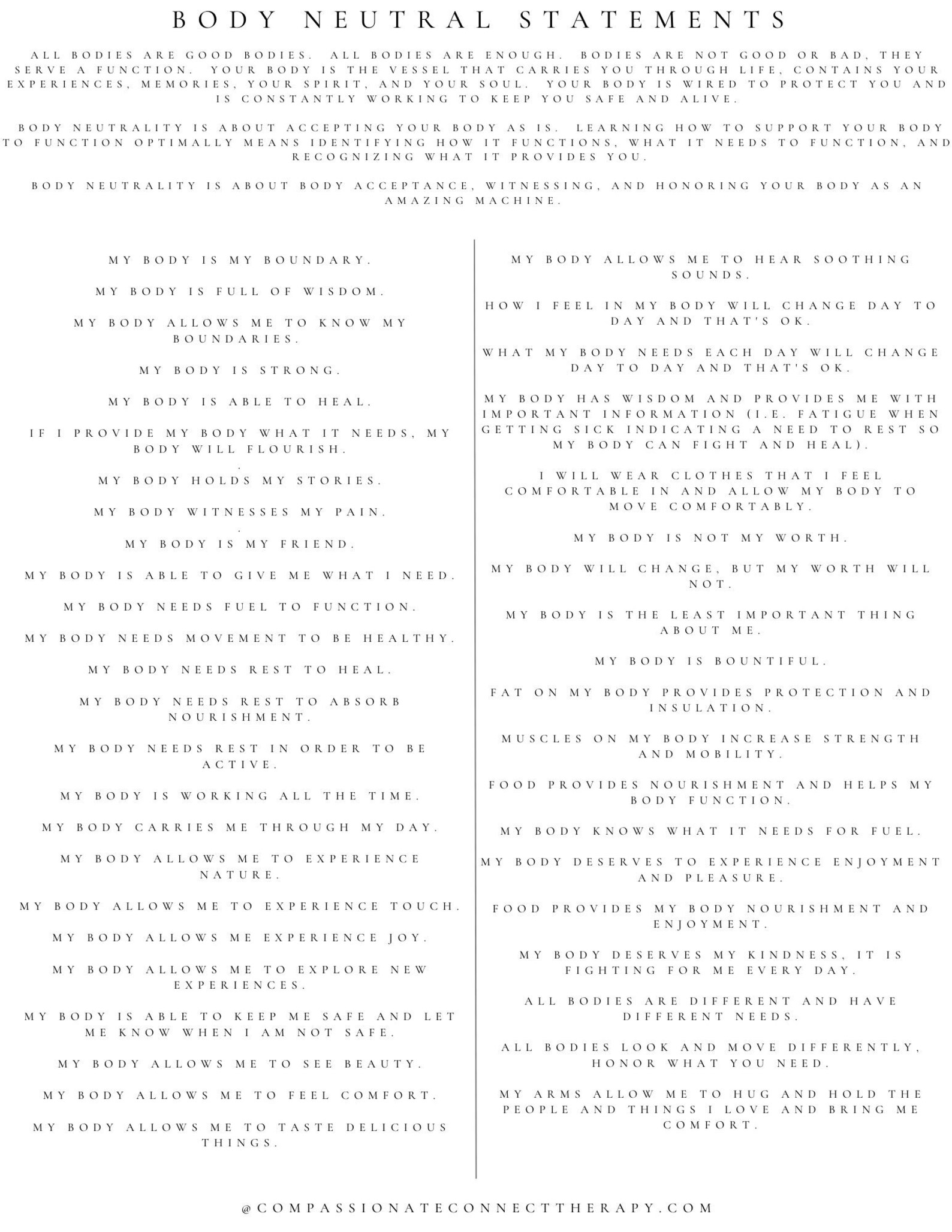 Body Neutrality Statements Printable; Body Acceptance Statements to ...