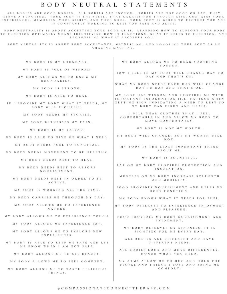 Body Neutrality Statements Printable; Body Acceptance Statements to ...