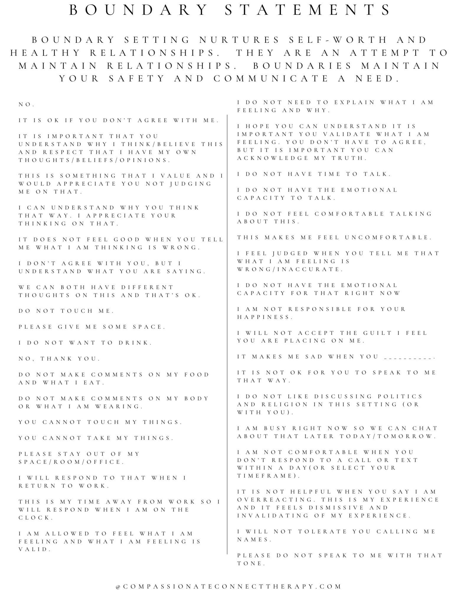 Boundary Statements Printable; Examples of Ways to Communicate ...