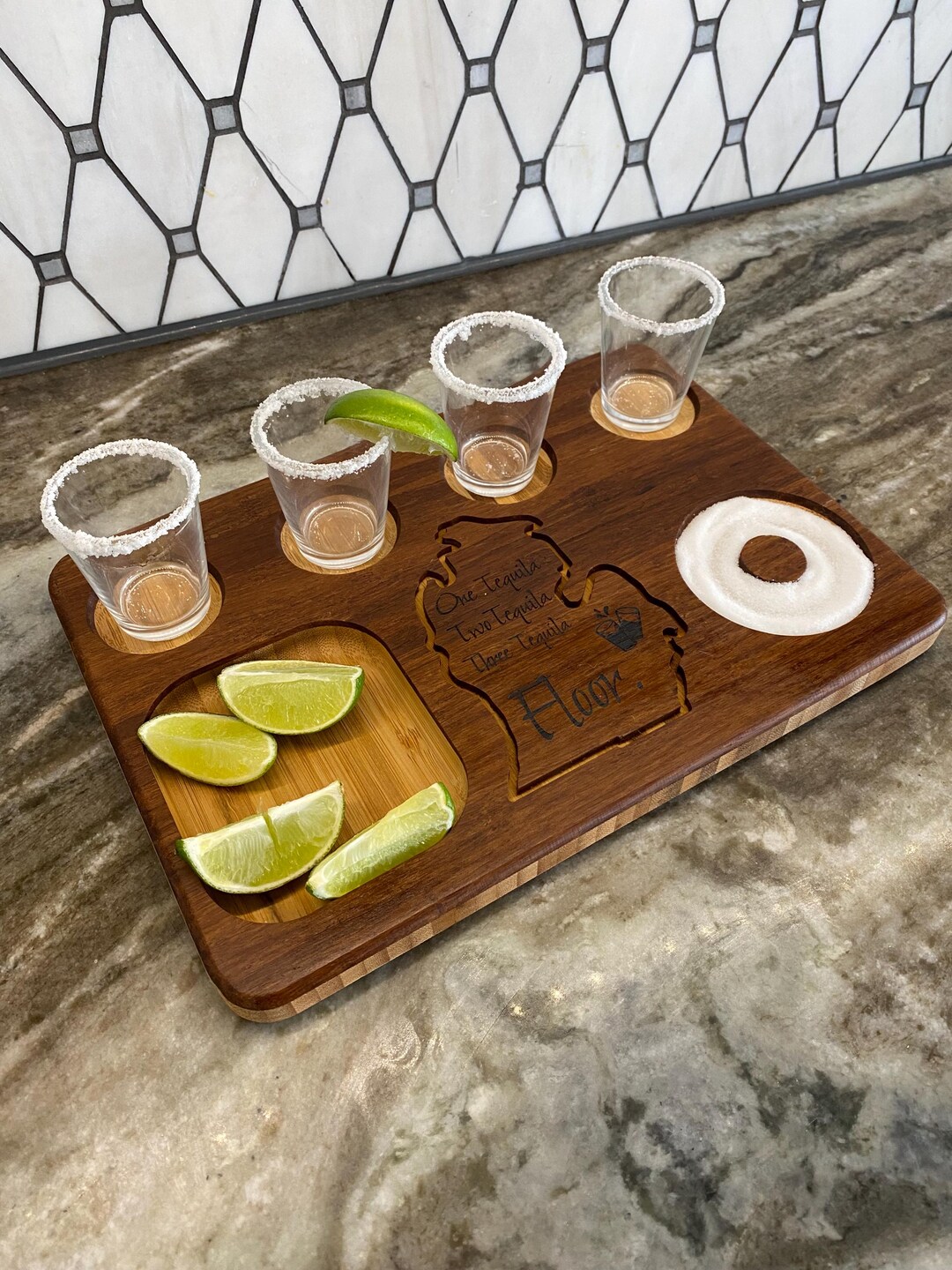 Shot Glass Salt Rimmer – Two-tone Wood Serving Board With Fun Engraving ...