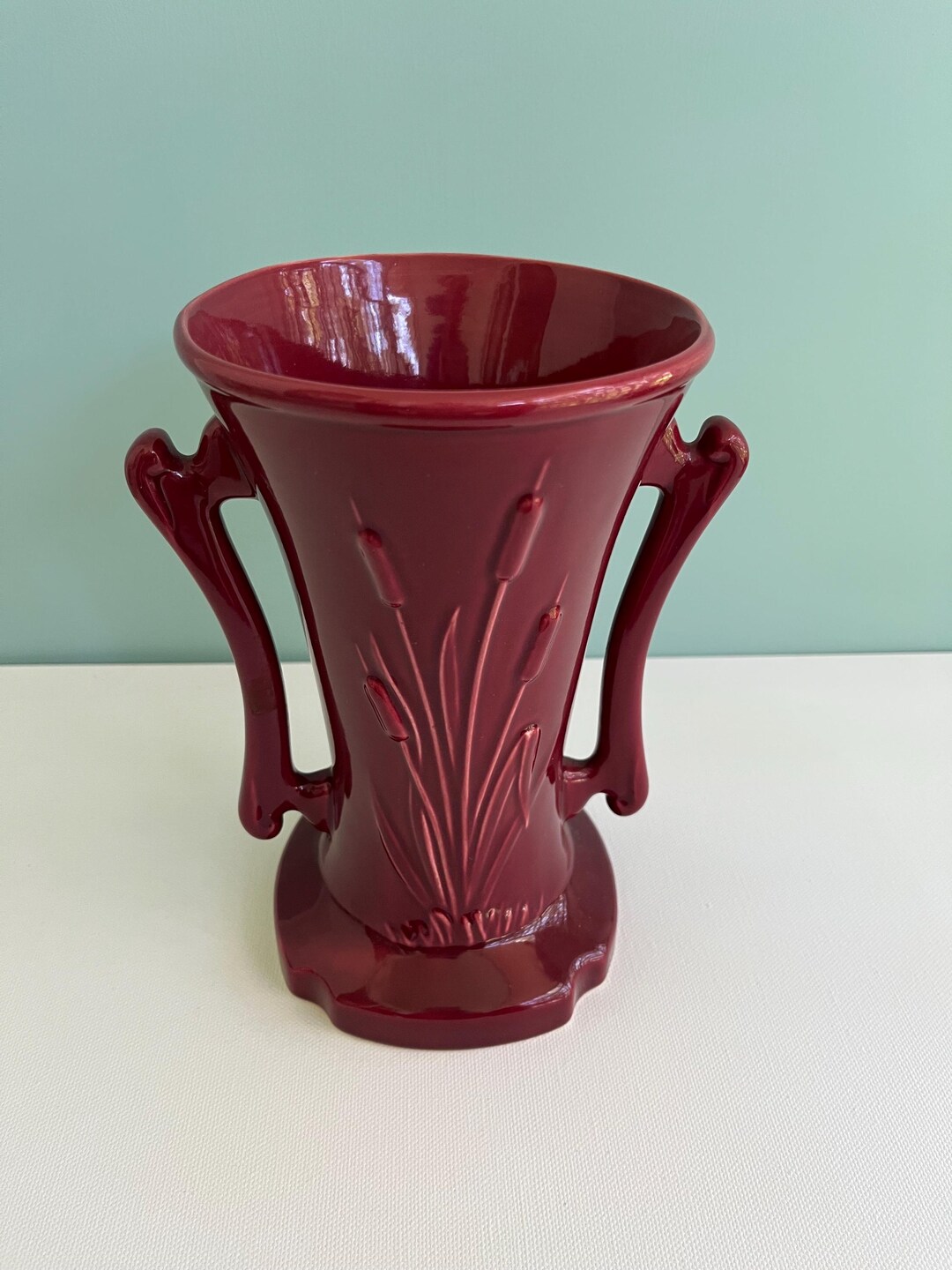 Vintage Cameron Clay Pottery Vase Cattail Double Handle Maroon - Etsy