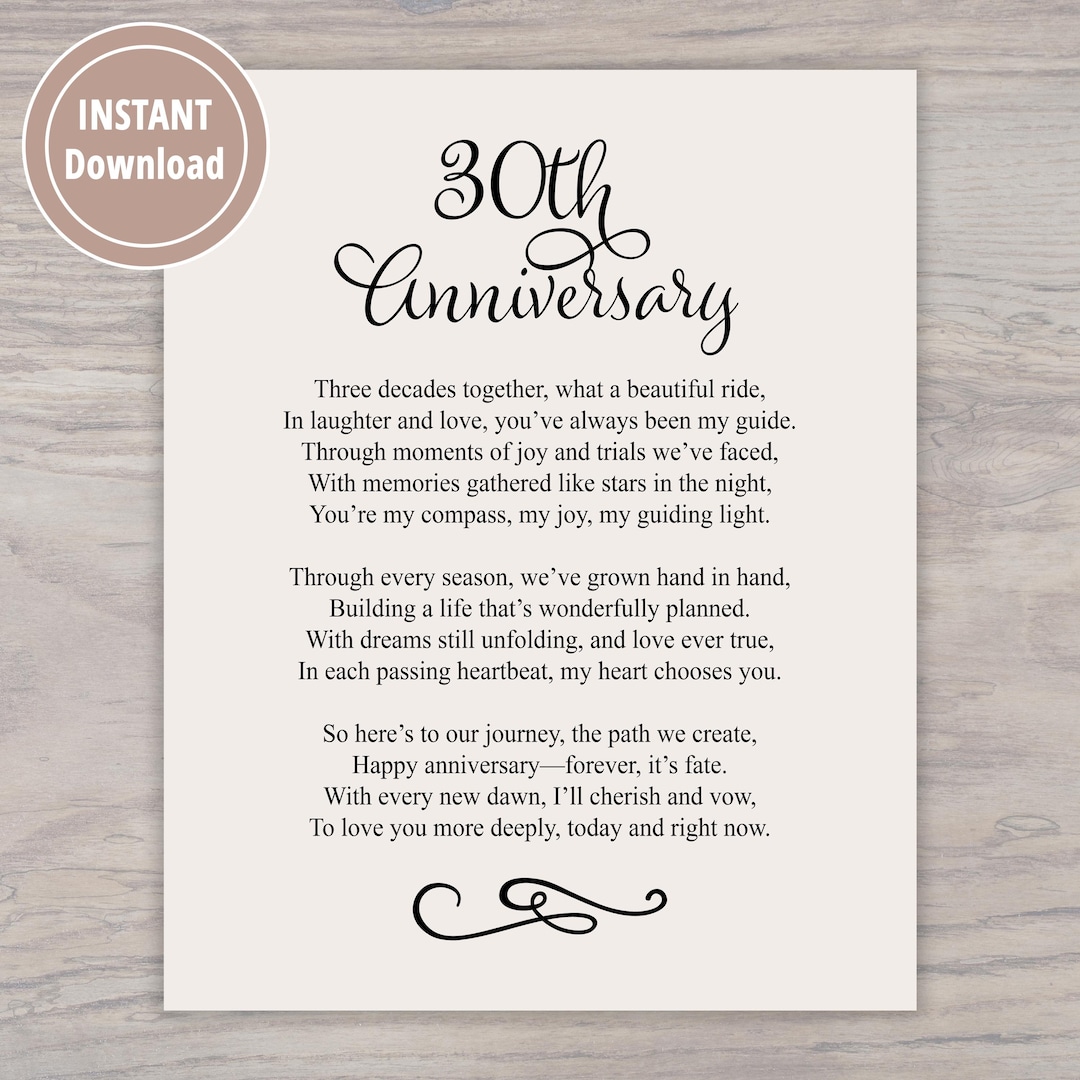 30th Anniversary Poem, PRINTABLE Poetry Instant Download, 30 Years of ...