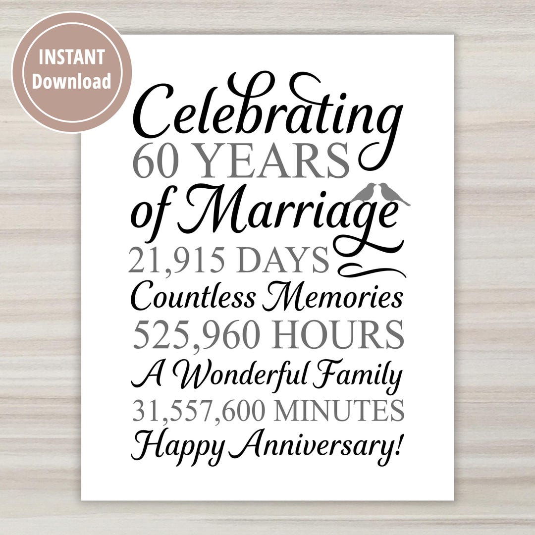 60th Anniversary PRINTABLE, Instant Download Gifts, 60 Years of ...