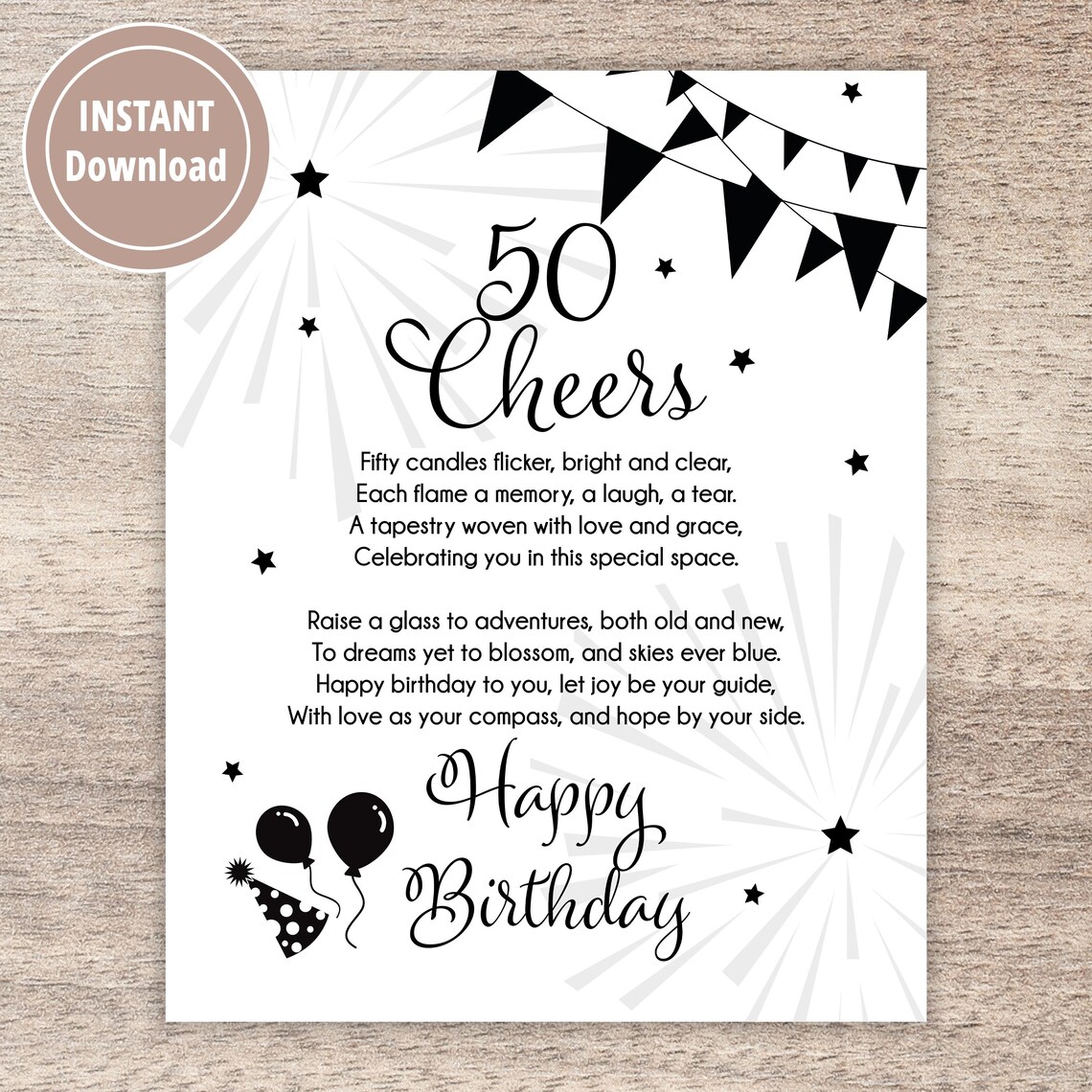 50th Birthday Poem PRINTABLE Gift, Black and White Instant Download Art ...
