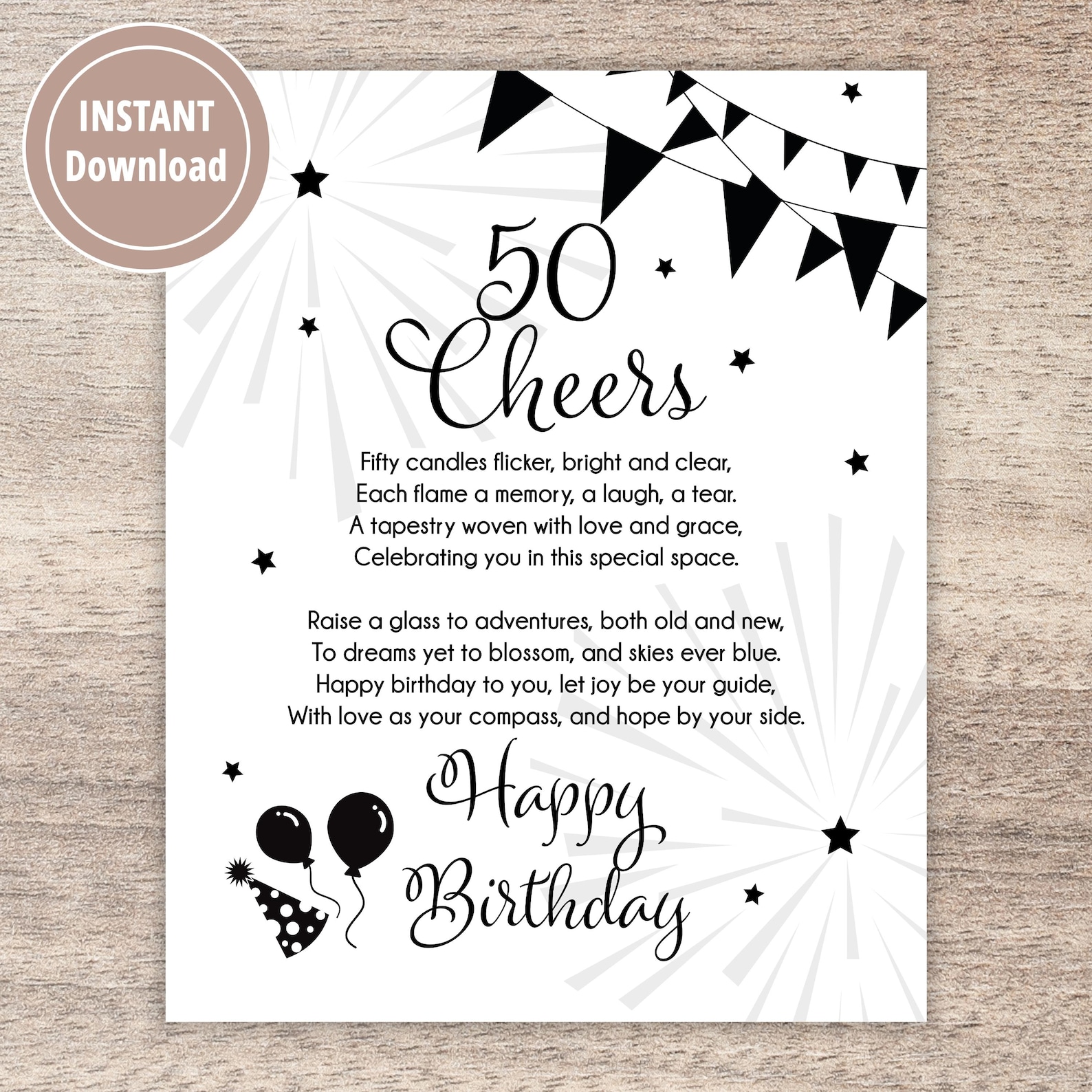 50th Birthday Poem PRINTABLE Gift, Black and White Instant Download Art ...