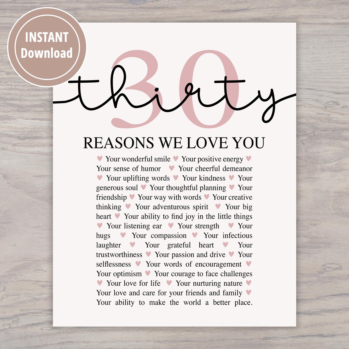 30th Birthday Art, 30 Reasons We Love You, Instant Download Gift for ...